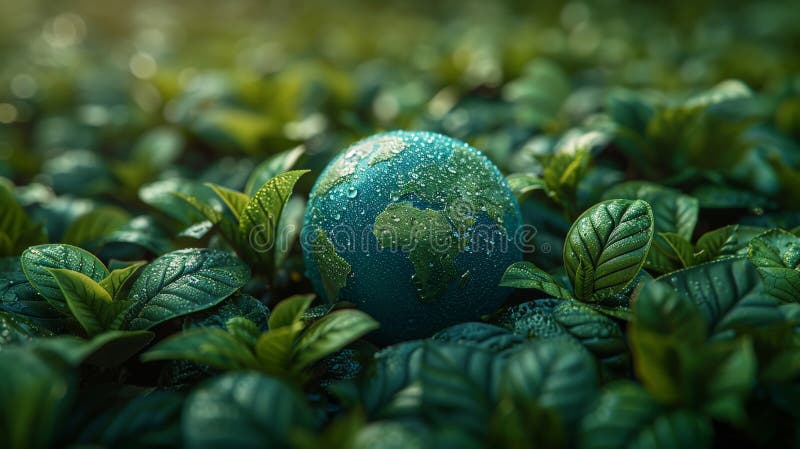 Earth Globe Covered in Dew among Lush Green Leaves, Environmental ...