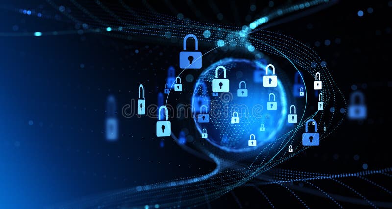 Earth Globe and Cybersecurity Hologram with Lock and Cyberspace Stock ...