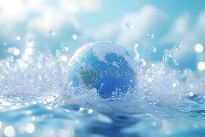 Earth Globe Emerging from Water with Splashes on a Soft Blue Background ...