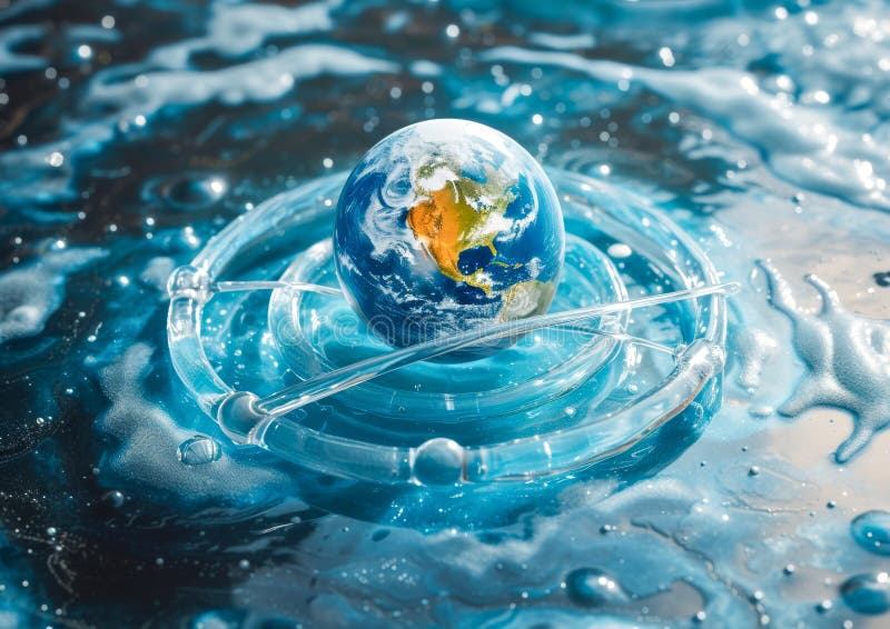 Earth Globe Floating in Water with Ripple Effect and Droplets in Shape ...