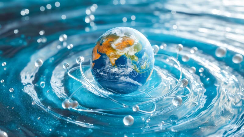 Earth Globe Floating in Water with Ripple Effect and Droplets in Shape ...