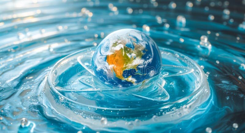Earth Globe Floating in Water with Ripple Effect and Droplets in Shape ...