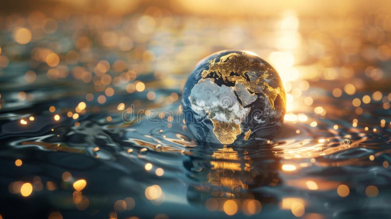 Earth Globe Floating on Water Surface with Golden Lights, Environmental ...