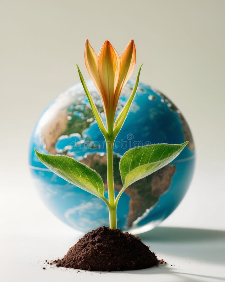 Earth Globe and Flower Blooming in Soil - Environmental Concept. Stock ...