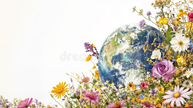 Earth Globe in Flowers. Eath Day Concept Horizontal Design Template ...