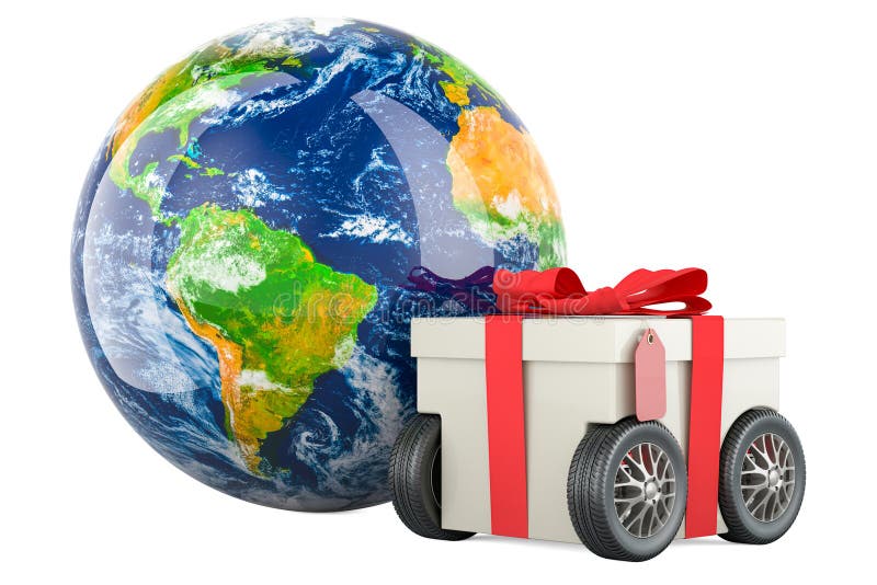 Earth Globe with Gift Box on the Wheels. Worldwide Gift Delivery ...