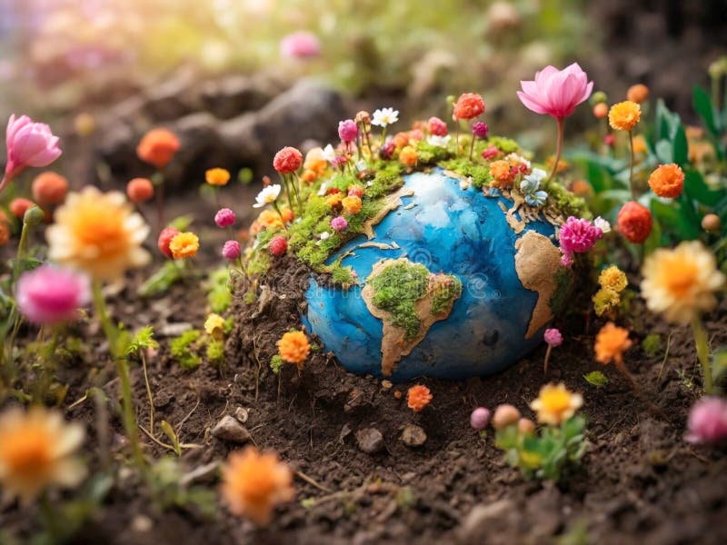Earth Globe with Grass and Flowers in the Garden Stock Illustration ...