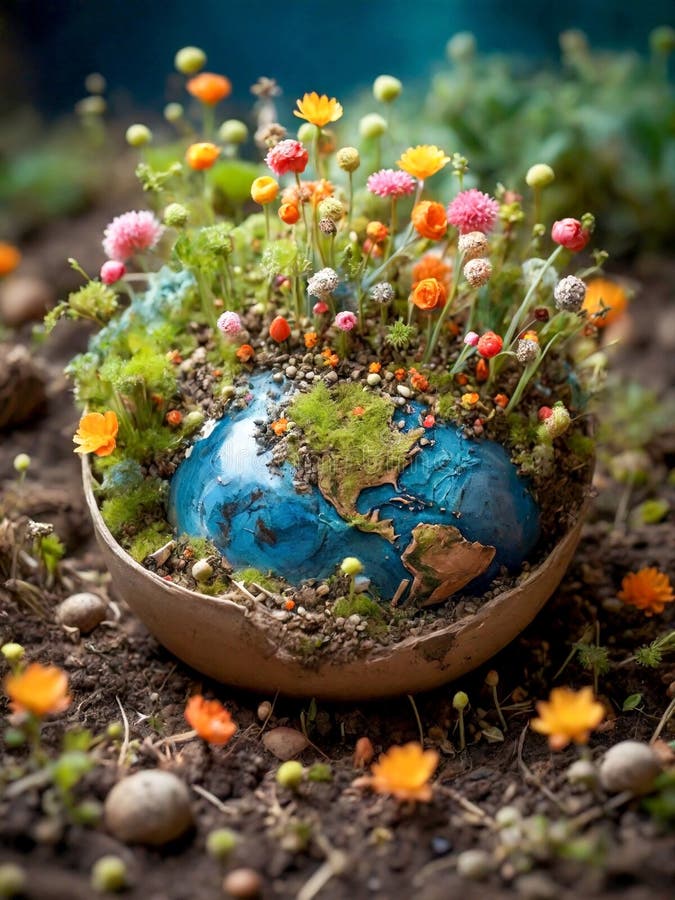 Earth Globe with Grass and Flowers in the Garden Stock Illustration ...