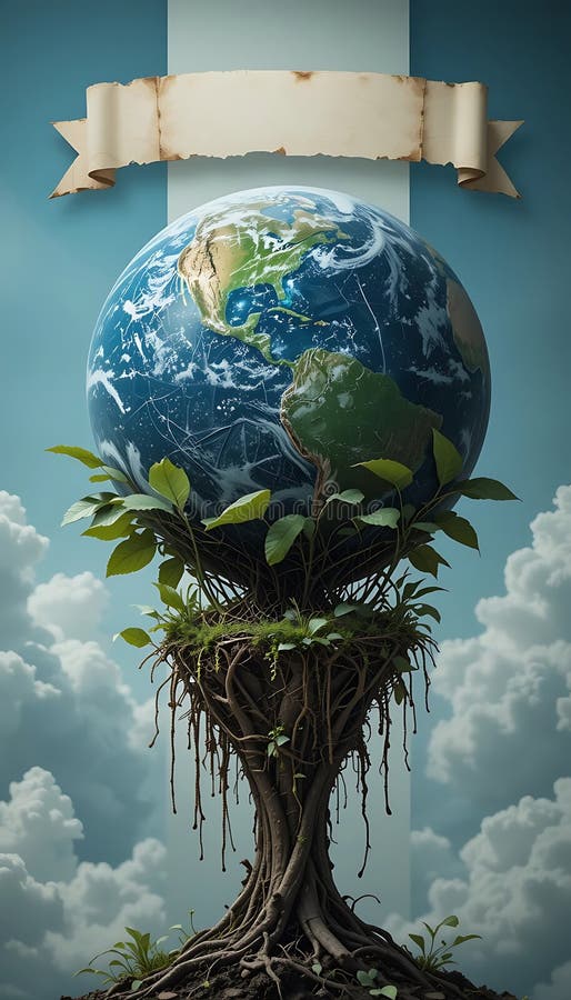 Earth Globe Growing from Tree Roots with Banner in Cloudy Sky Stock ...