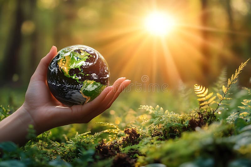 Earth Globe in Hand, Forest Background, Sun Rays, Protect Environment ...