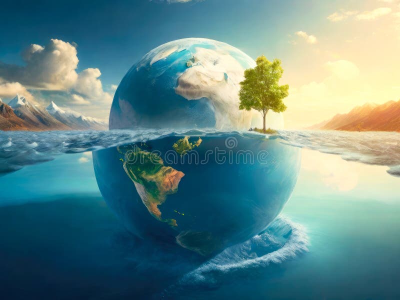 Illustration of Climate Change Globe Submerged in Water, Melting Ice ...