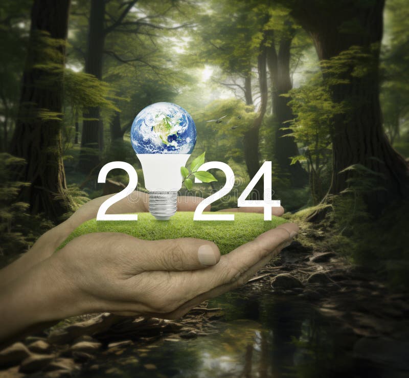 Happy New Year 2024 Green Ecology and Saving Energy Concept, Elements ...