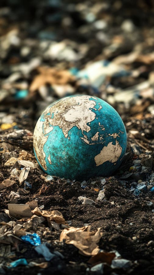 Earth Globe in a Landfill of Plastic Waste and Garbage Against Blue Sky ...