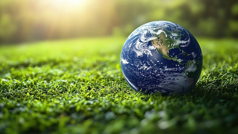 Earth Globe on Lush Green Grass with Sunlight Stock Illustration ...