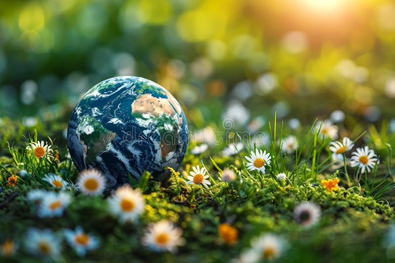 Earth Globe in Lush Greenery Symbolizing Environmental Conservation ...