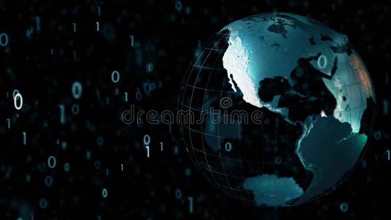Earth Globe Model and Falling Binary Computer Code Symbols. Global it ...