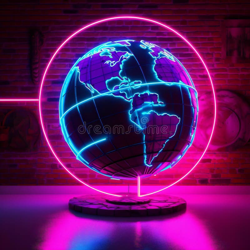 Earth Globe in Neon Lights on the Table. Created with Generative AI ...