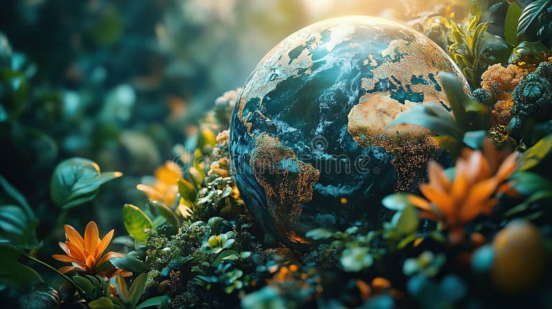 Earth Globe Nestled in Lush Greenery, Symbolizing Environmental ...