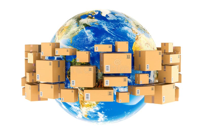 Earth Globe with Parcels Around. Global Shipping and Delivery, Concept ...