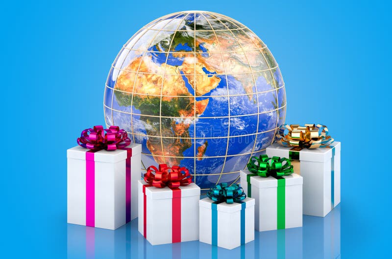 Earth Globe with Presents, 3D Rendering Stock Illustration ...