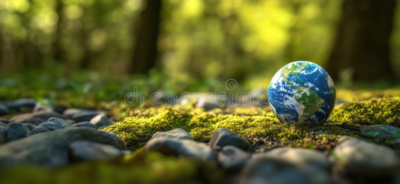 Earth Globe Resting on Mossy Stones in a Lush Green Forest Environment ...