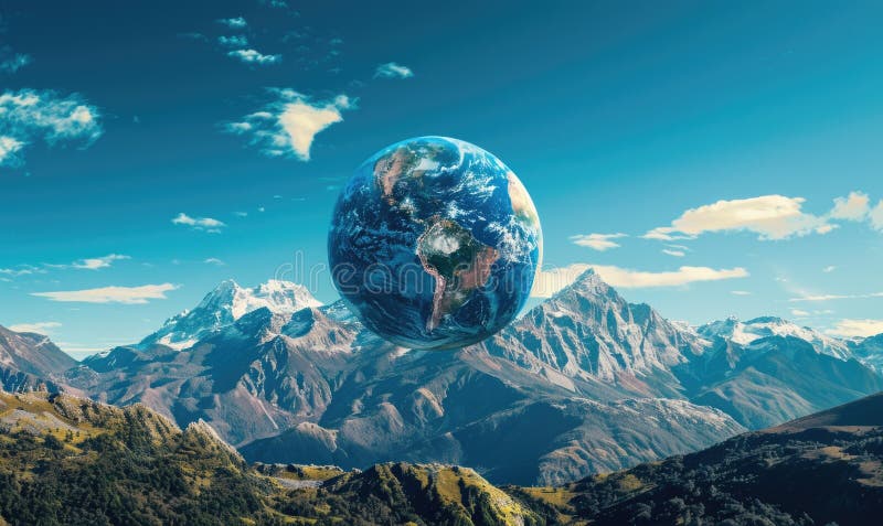 An Earth Globe Set Against a Mountain Backdrop with a Clear Blue Sky ...