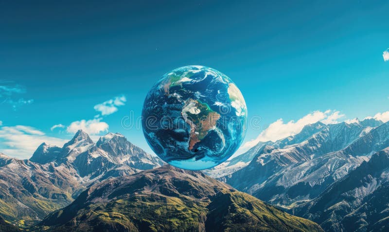 An Earth Globe Set Against a Mountain Backdrop with a Clear Blue Sky ...