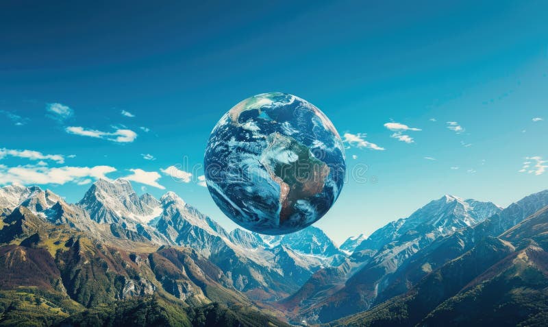 An Earth Globe Set Against a Mountain Backdrop with a Clear Blue Sky ...