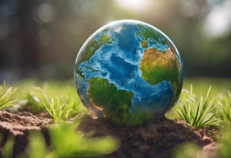 An Earth Globe Sits on the Ground Surrounded by Grass and Trees Stock ...