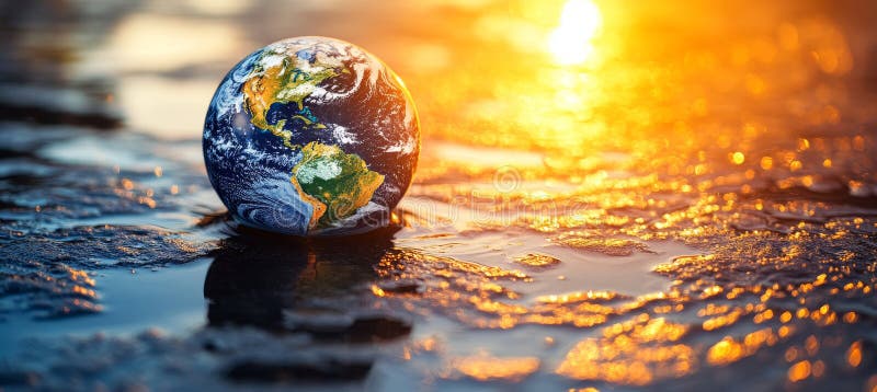 Earth Globe Sitting on Wet Surface Reflecting Dramatic Golden Sunset ...