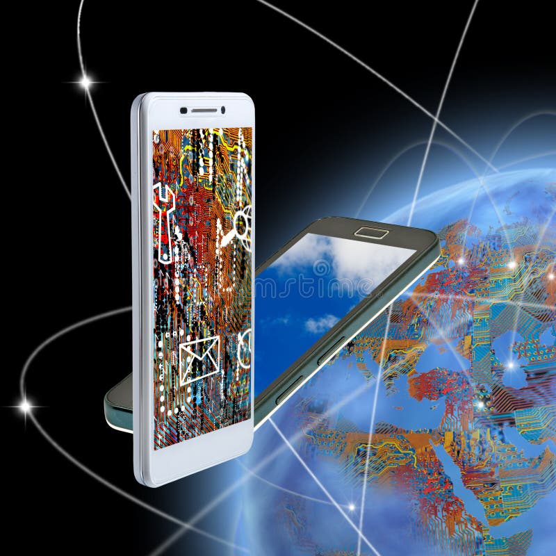 Earth Globe and Smart Phone in Space Closeup Stock Illustration ...