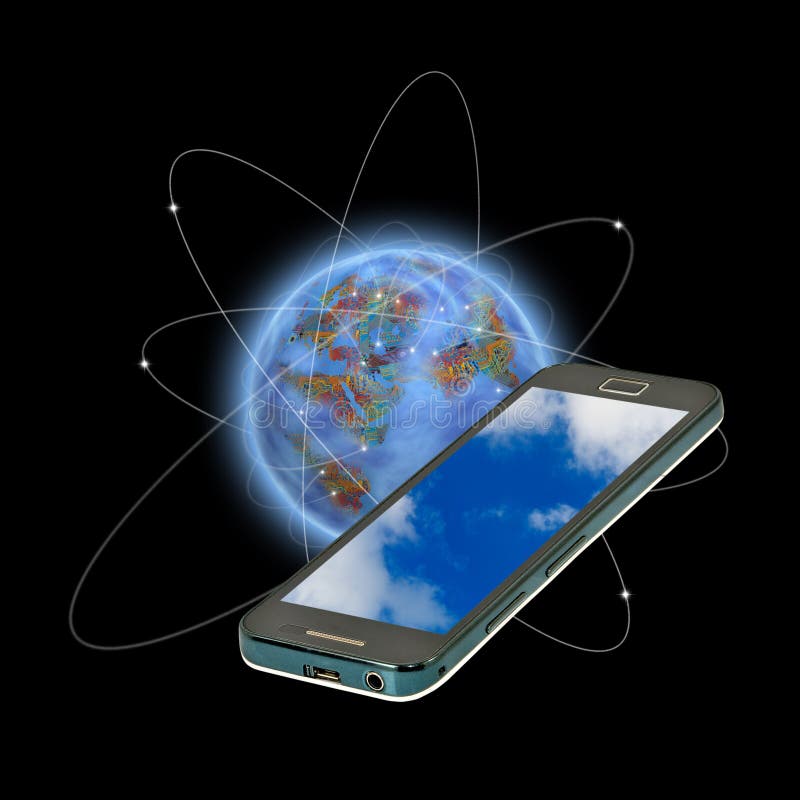 Earth Globe and Smart Phone in Space Closeup Stock Illustration ...