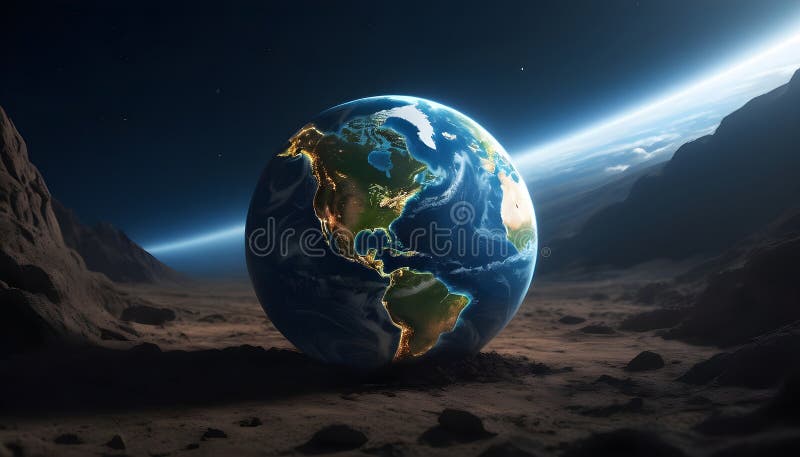 Earth Globe in Space with Mountains and Rocks Stock Illustration ...