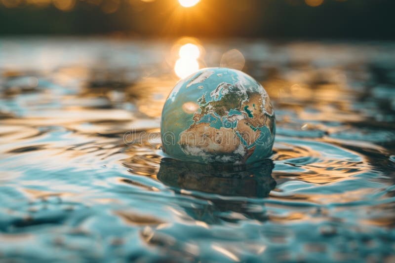 Earth Globe at Sunset, Reflection on Water, Environmental Harmony Stock ...