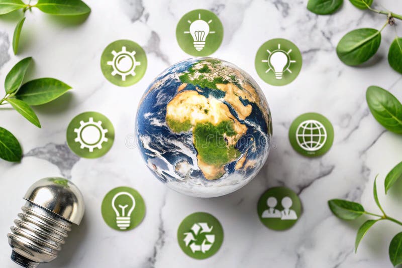 Earth Globe, Sustainable Icons, Marble Surface, Eco-friendly Concept ...