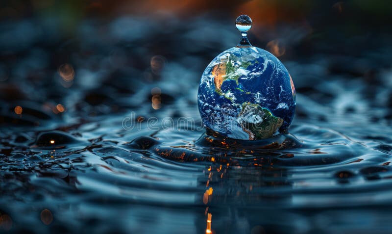 Earth Globe in Water Drops Reflection on Water Surface Saving Water ...