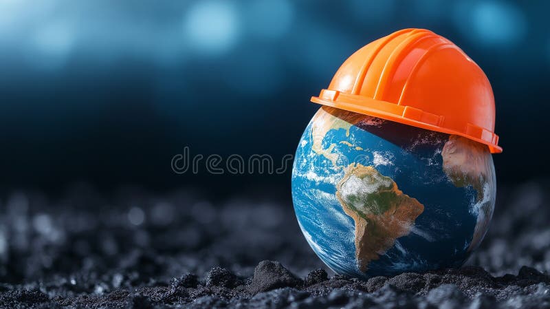 Earth Globe Wearing Orange Hard Hat Stands on Textured Surface ...
