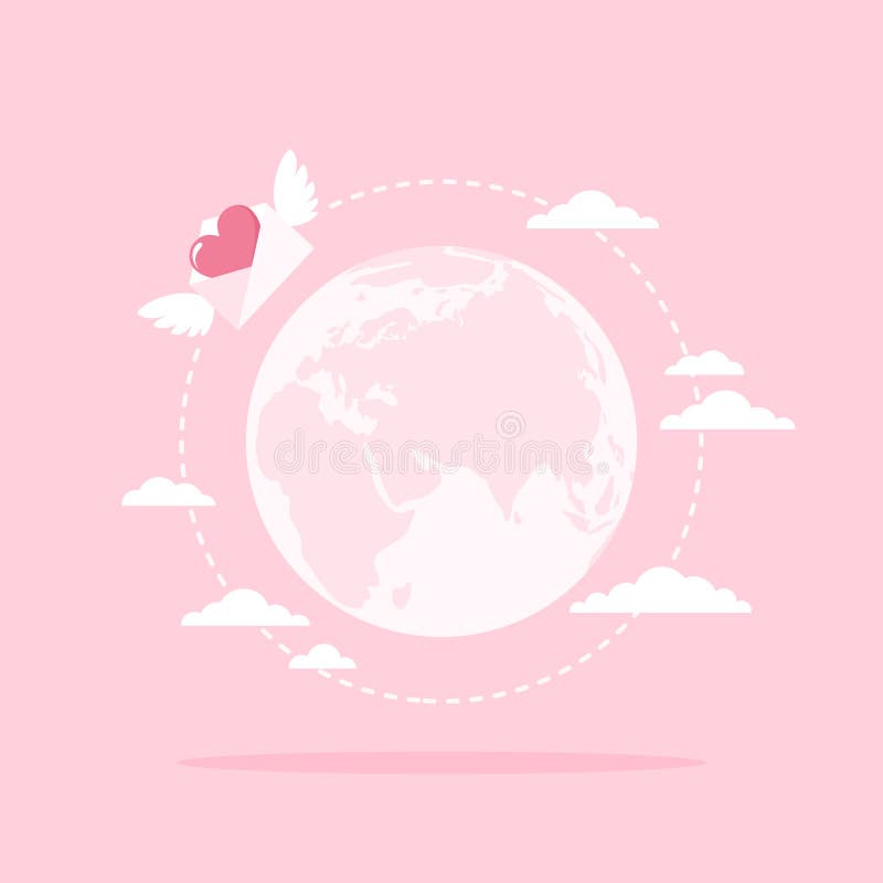 Earth Globe and Winged Envelope with Heart Inside Flying Around. Flat ...