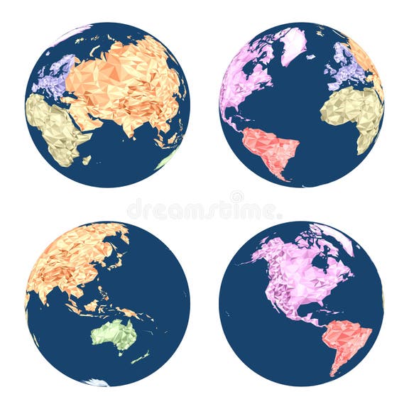 Earth Globes in Polygonal Style Colored by Continents in Different ...