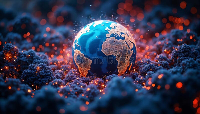 Earth with Glowing Continents in Cosmic Environment Stock Image - Image ...