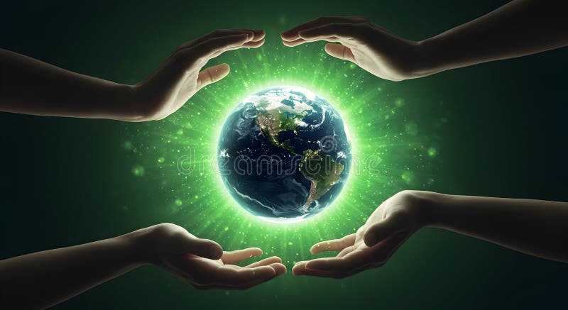 Hands Holding Glowing Green Earth - Generative AI Stock Photo - Image ...
