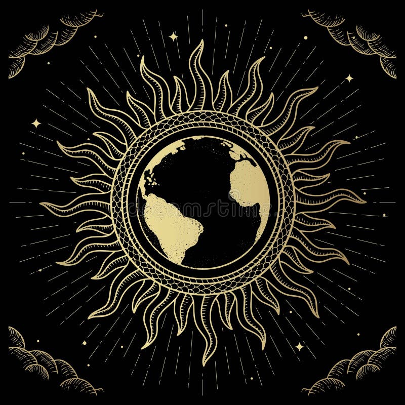 Earth Golden Hand Drawn with Shining Sun Stock Vector - Illustration of ...
