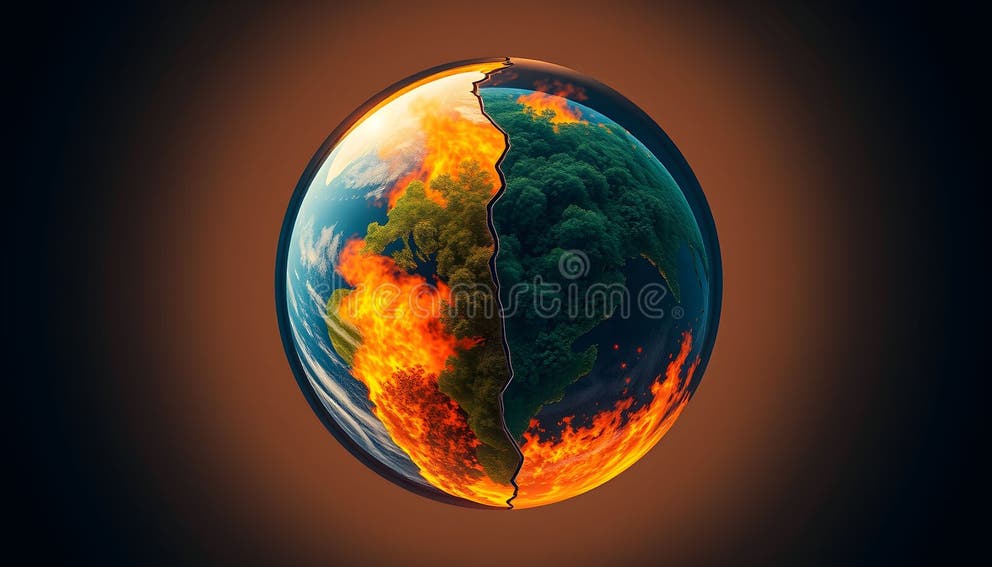 Earth Half Burning Half Green: a Climate Change Concept Stock ...