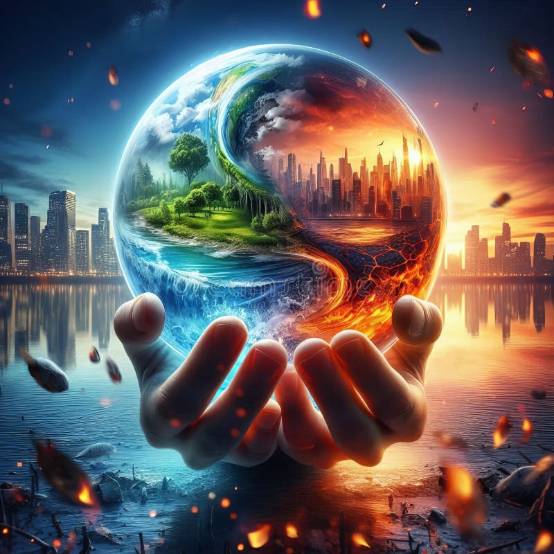Earth in Hands with Dual Elements of Fire and Water at Dusk Stock Photo ...