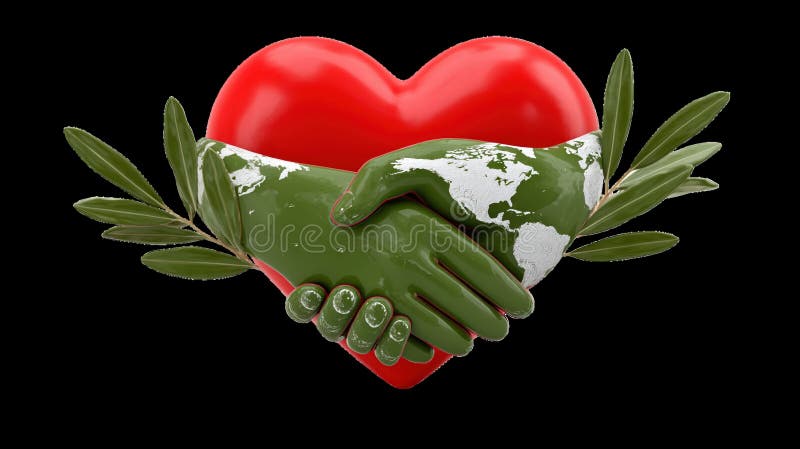 Earth Handshake with Olive Branches and Red Heart Promoting Peace and ...