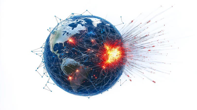 Earth Hit by Explosive Impacts with Glowing Red Hotspots and Connecting ...