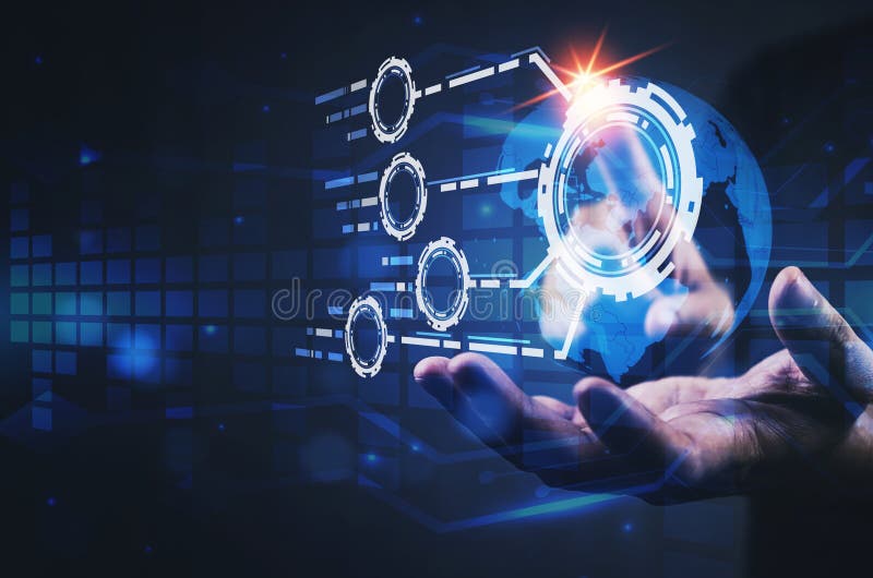 Earth Hologram and Virtual Chart in Human Hand Stock Image - Image of ...