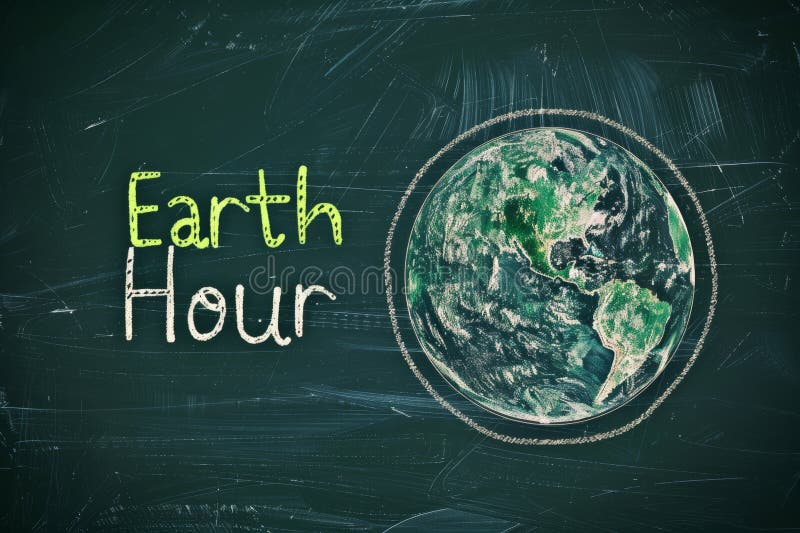 An EARTH HOUR Globe Drawn in Chalk on a School Board. Save the Planet ...