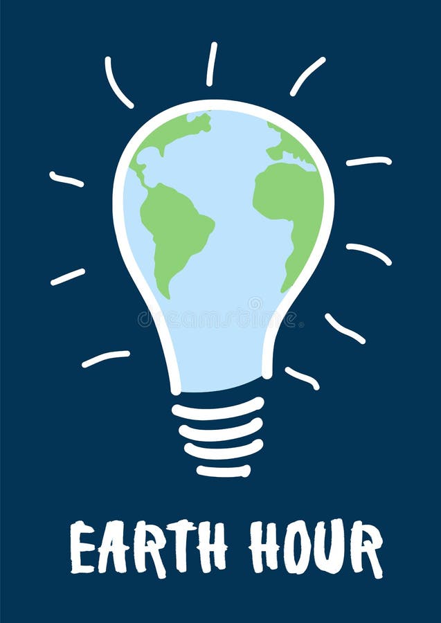 Earth Hour Poster Concept. Hand Drawn Bulb and Sign on Dark Blue Stock ...