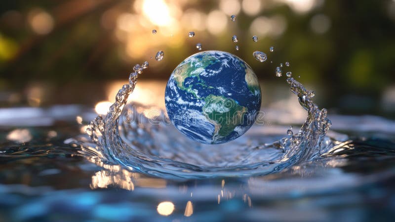 Earth Hovering Above Water with Splash, Environmental Concept Stock ...